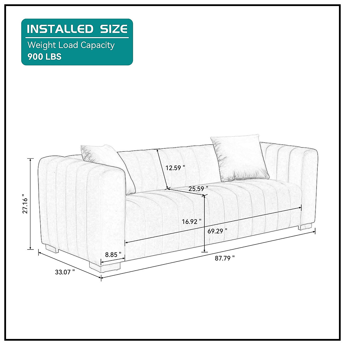 kevinplus 87.8'' Velvet Sectional Sofa Couch for Living Room, Modern Contemporary Chesterfield 3-Seat Sofa Couch for Apartment Bedroom Office, Strong Gold Metal Legs, 2 Pillows, White