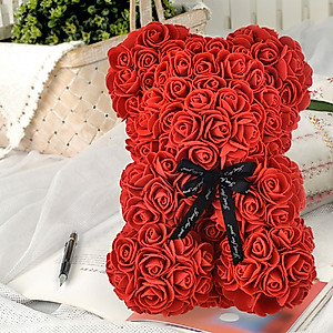 Rose Bear Hand Made Teddy Bear Rose Bear Rose Teddy Bear - Gift for Mothers Day, Valentines Day, Anniversary & Bridal Showers Weddings Clear Gift Box 10in (red, 10 inches)