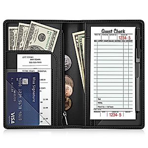 Fintie Server Book Organizer with Zipper Pocket, PU Leather Restaurant Guest Check Presenters Card Holder for Waitress, Waiter, Bartender (Black)