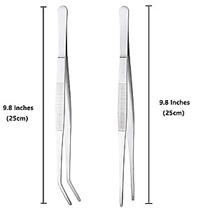 Miupoo Long Handle Stainless Steel Paint Straight and Curved Tweezers Nippers,Extra Long Precision Craft Tweezers Set with Serrated Tips,Silver,2 pieces,9.8Inches