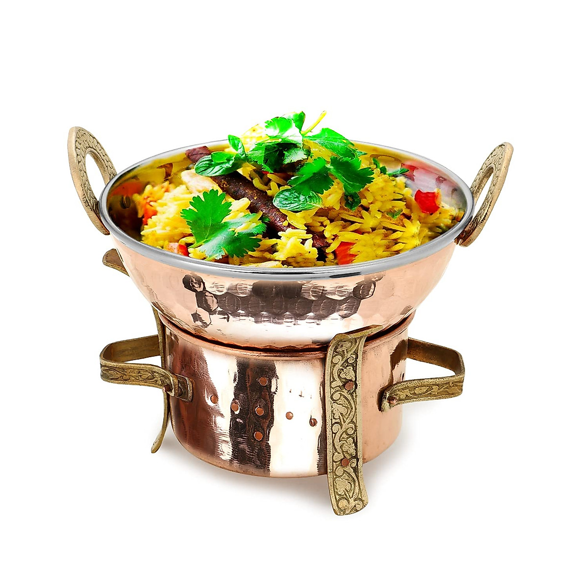 Zap Impex Indian 3 Pieces Serving Set Copper Karahi, Angithi and Serving Spoon Stainless steel set for 1 Person