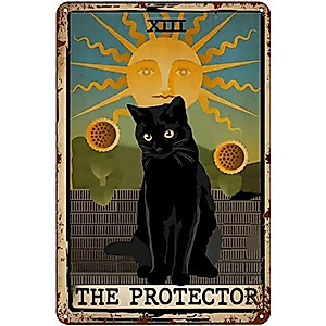 Xiddxu Vintage Tin Sign Metal Plaque Black Cat-The Protector Tarot Cat Metal Sign Retro Wall Decor for Home Hotel Cafes Sign Gift 6x8 Inch
