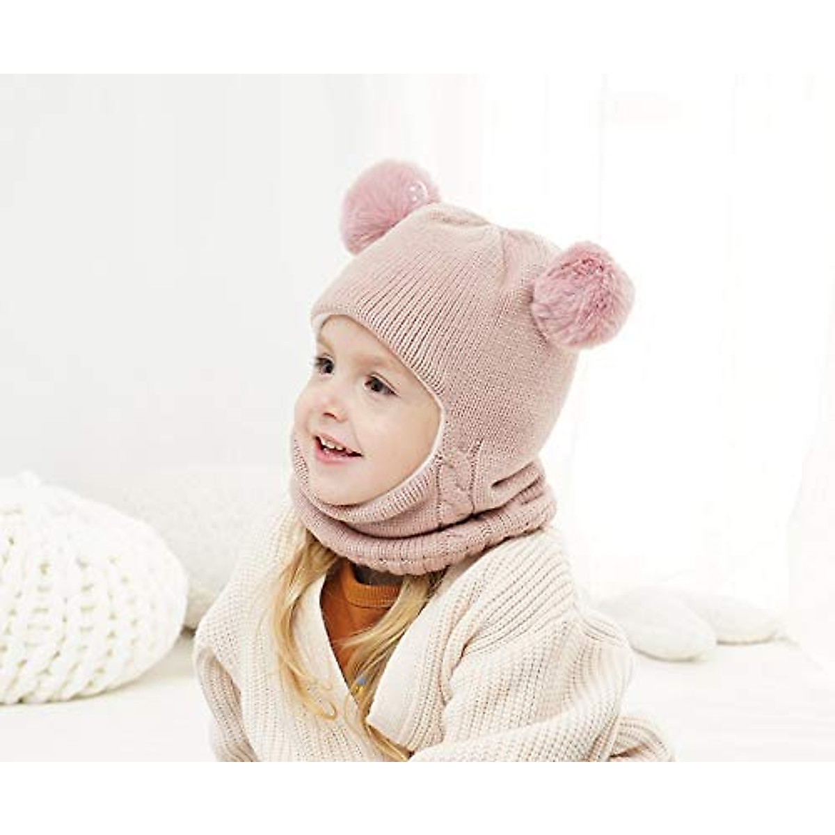 Baby Girls Boys Winter Hat Scarf Earflap Hood Scarves Skull Caps Pink