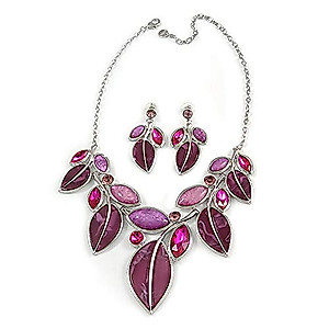 Avalaya Statement Purple/Magenta Glass, Crystal Leaf Necklace and Drop Earrings In Rhodium Plating - 40cm L/ 8cm Ext