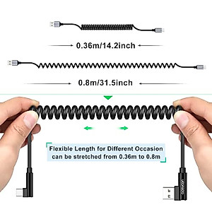 aceyoon [1-2.5ft] USB to USB C Cable, Type C Fast Charging Cable QC 3.0, Coiled Retractable 90 Degree Right Angled, Short Android Auto USB C Charging Cable, (3A 60W)