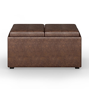 SIMPLIHOME Avalon 35 inch Wide Contemporary Rectangle 5 Pc Storage Ottoman in Distressed Chestnut Brown Vegan Faux Leather, Assembled, For the Living Room, Entryway and Family Room