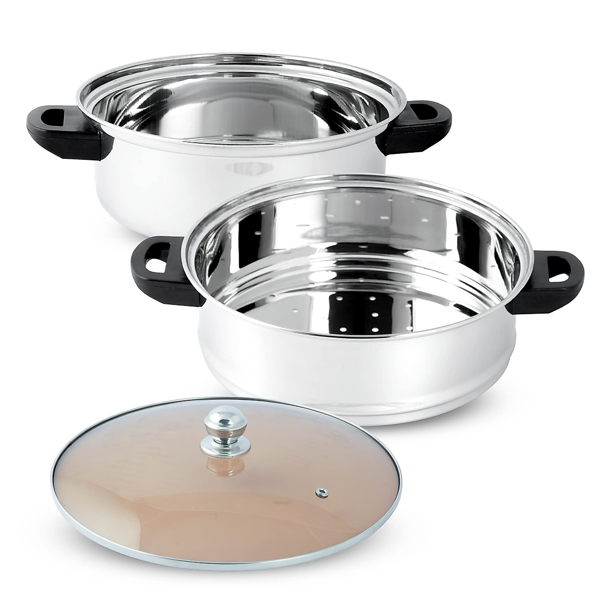 KSJONE Heavy Duty Stainless Steel 3 Piece Steamer Pot Set Includes 4 Quart Cooking Pot, 4 Quart Steamer Insert and Vented Glass Lid, Stack and Steam Pot Set for All Cooking Surfaces