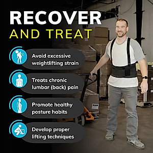 BraceAbility Work Back Brace - Industrial Lower Back Pain Protection Belt for Men and Women, Construction, Moving, Warehouse Jobs - Removable Suspender Shoulder Straps for Heavy Lifting Safety (L)