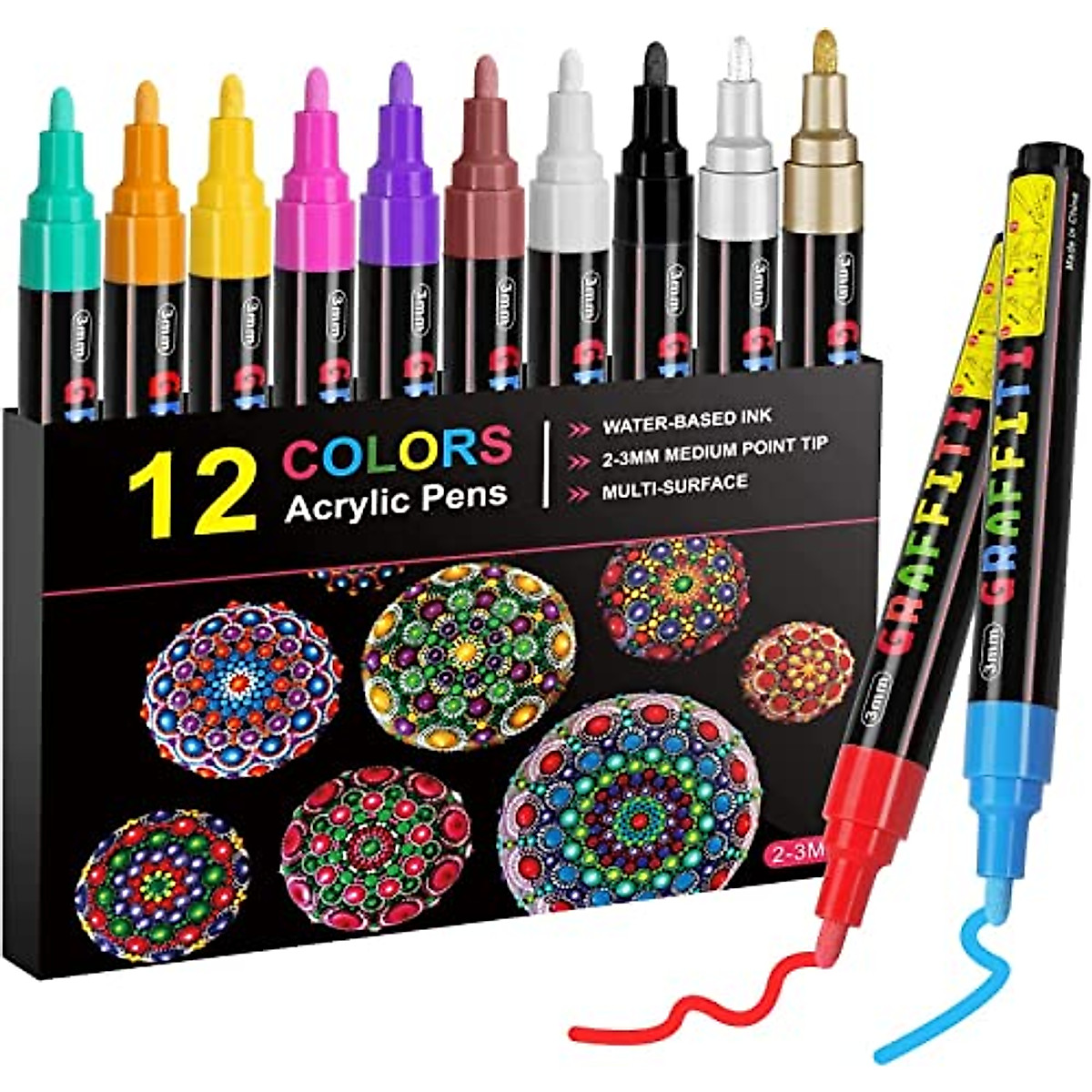 Emooqi Acrylic Paint Pens, Set of 12 Pcs Paint Markers Pens for Rocks, Craft, Ceramic, Glass, Wood, Fabric, Canvas -Art Crafting Supplies