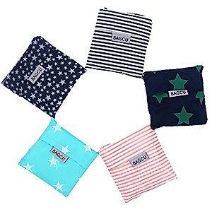 Bagcu Set of 5 Reusable Grocery Shopping Bag, Foldable Shopping Tote, Handy Shape Nylon Recycling Bags for Shopping, Buying Vegetables, Outdoor Travel, Camping, Hiking