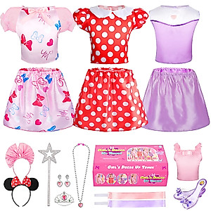 SOLIEHOO Girls Dress Up Princess Dresses, 19 Pcs Girls Dress Up Trunk with 4 Tops 3 Skirts and Princess Shoes, Toddler Pretend Play Costumes Dress Up Clothes for Girls Aged 3 4 5 6