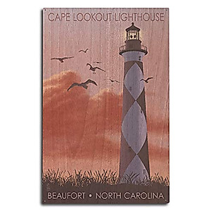 Beaufort, North Carolina, Cape Lookout Lighthouse and Sunrise Birch Wood Wall Sign (10x15 Rustic Home Decor, Ready to Hang Art)