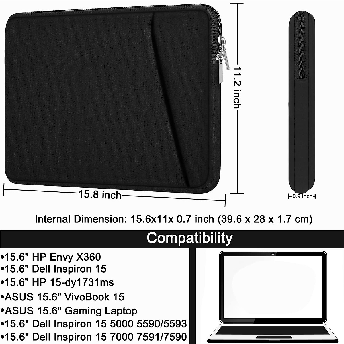 Laptop Sleeve 15.6 inch, Durable Briefcase Cover Shockproof Protective Case, Handbags Portable Laptop Bag for 15.6 inch HP Dell Asus Lenovo Notebook Computer, Laptop Case with Front Pocket, Black