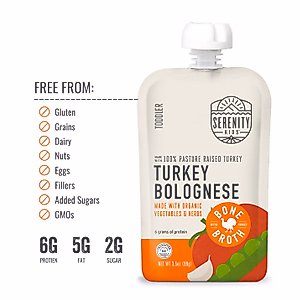 Serenity Kids Bone Broth Puree Made With Organic Veggies | Clean Label Project Purity Award Certified | 3.5 Ounce BPA-Free Pouch | Pasture Raised Turkey Bolognese | 6 Count