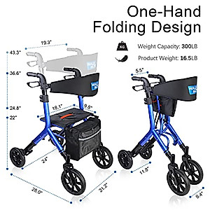 WALK MATE Rollator Walker for Seniors Taller 5.3~7ft with Height-Adjustable Seat, 10 Inch Wheels Wire-Hidden Walkers Compact Folding Design Lightweight Mobility Walking Aid Widen Backrest, Blue