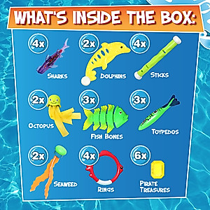 Chuchik 30 Pcs Diving Toys, Swimming Pool Toys for Kids Ages 4-8 8-12 with a Storage Net Bag. Pool Dive Toys for Kids. Pool Games, Swim Summer Water Toys. Include Diving Sticks & Pool Rings