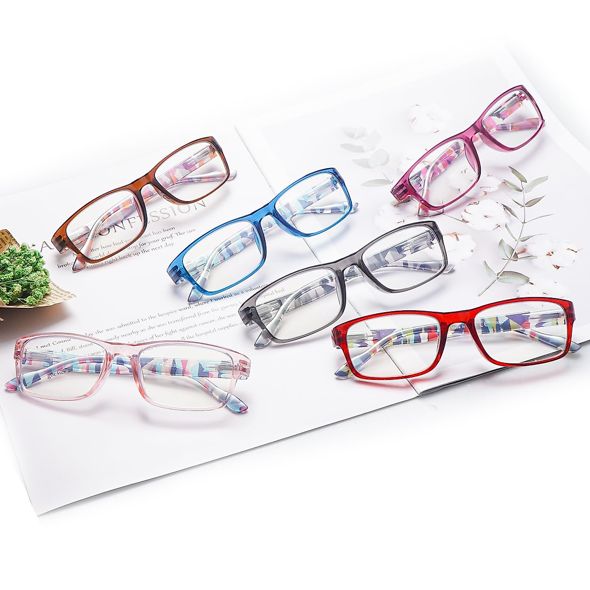 BONCAMOR 6 Pack Stylish Reading Glasses for Women Men Blue Light Blocking Square Spring Hinges Computer Readers (6 Mix-3, 2, diopters)