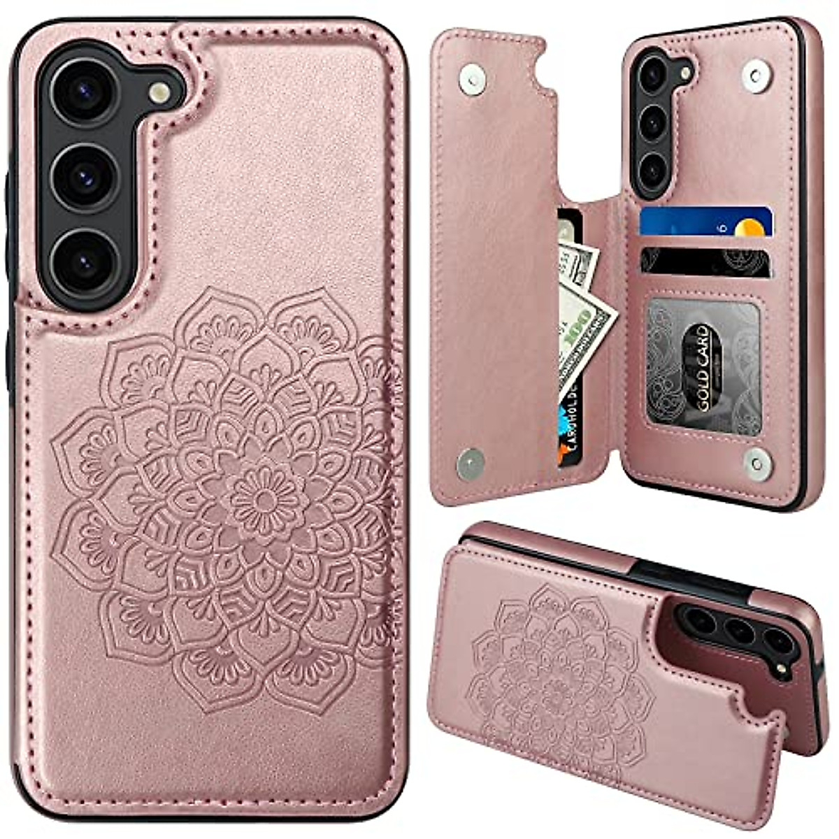 MMHUO for Samsung Galaxy S23 Case with Card Holder,Flower Magnetic Back Flip Case for Samsung Galaxy S23 Wallet Case for Women,Protective Case Phone Case for Samsung Galaxy S23 5G (2023),Rose Gold