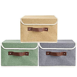 Lucky Monet 2 Pack Linen Fabric Foldable Storage Bin Set Collapsible Storage Box Cube Closet Organizer with Lid & Faux Leather Handle, 10”x8”x7” (Green)