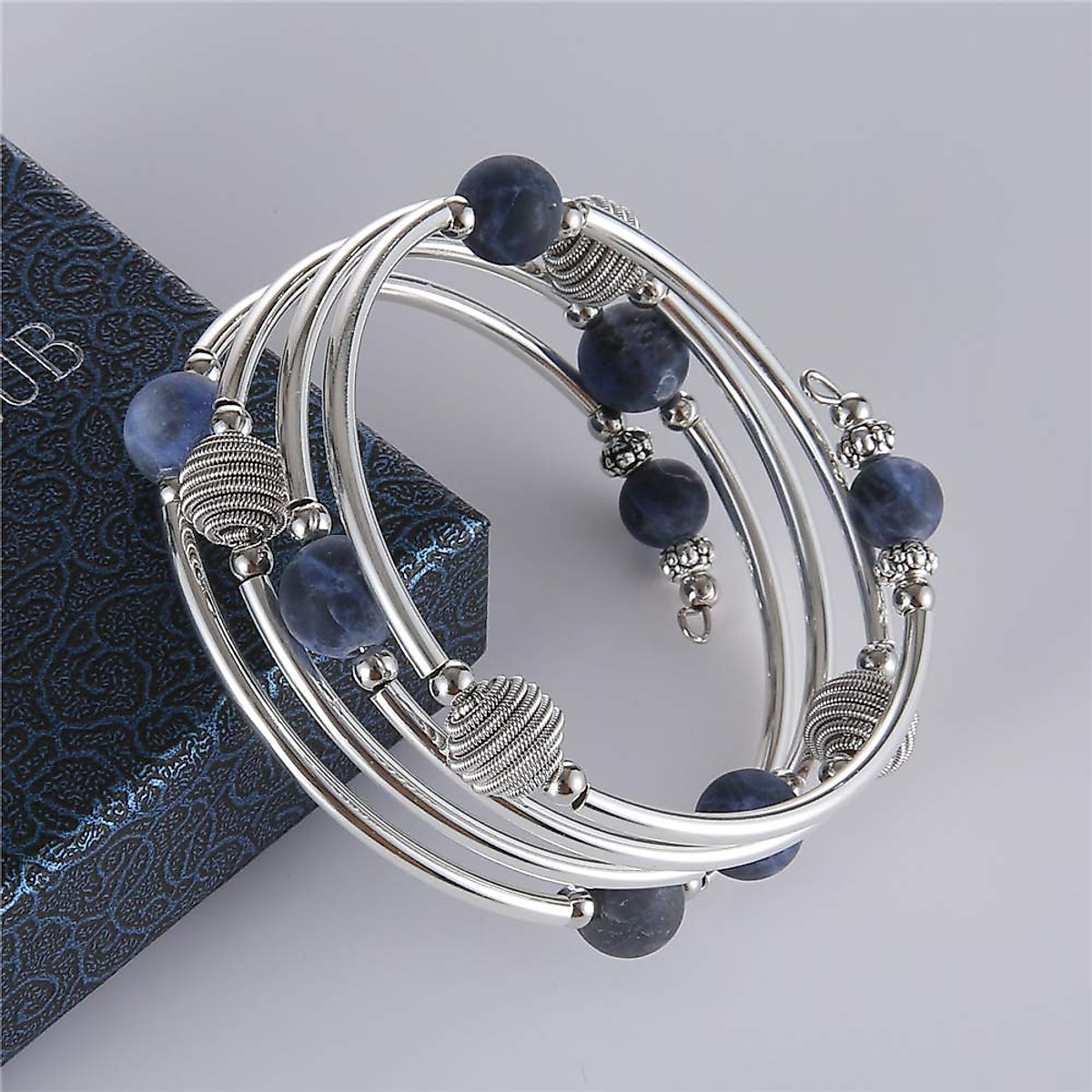 PEARL&CLUB Beaded Chakra Bangle Turquoise Bracelet - Fashion Jewelry Wrap Bracelet with Thick Silver Metal and Mala Beads, Birthday Gifts For Women (63-Navy Blue)