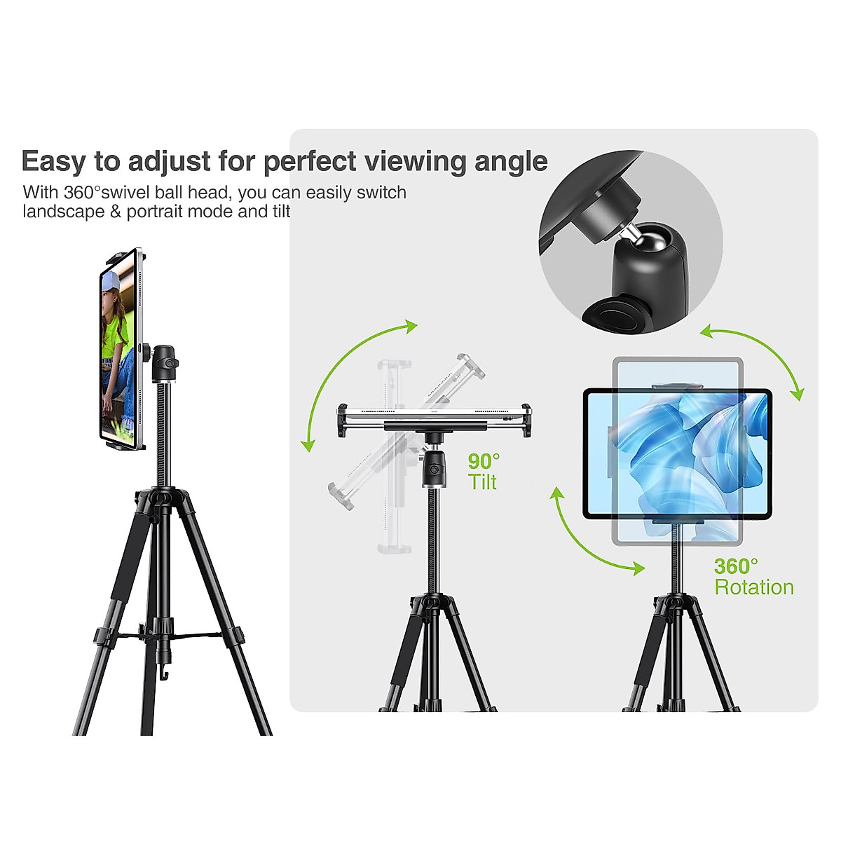 Elitehood 68" Heavy Duty iPad Tripod, Ultra-Stable Camera Tripod for iPad Pro 12.9, iPad Tripod Stand Mount for Video Recording/Photography, Compatible with 4.7-13inch Tablet/iPad Pro/Webcam/DSLR