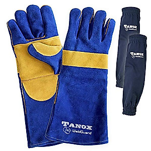 Leather Forge Welding Gloves Heat/Fire Resistant, Mitts16 inch long for Oven/Grill/Fireplace/Furnace/Stove/Pot Holder/Tig Welder/Mig/BBQ/Animal handling glove with Bonus: protection sleeves – Blue