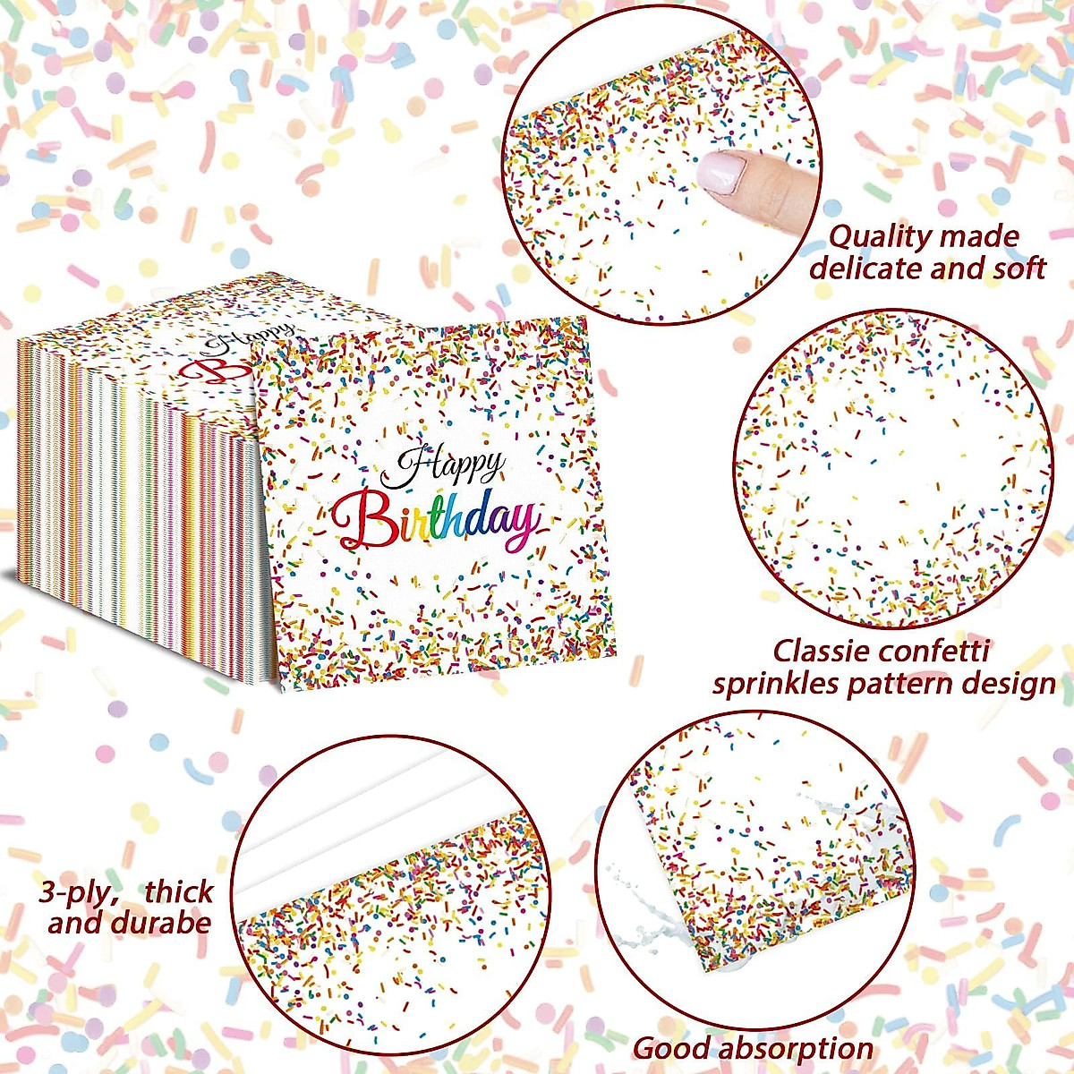 Confetti Sprinkles Birthday Napkins for Happy Birthday Party Supplies Sprinkles Party Themed Luncheon Paper Napkins Disposable for Kids Two Sweet Donut Birthdays Party Favors (100 Pack)