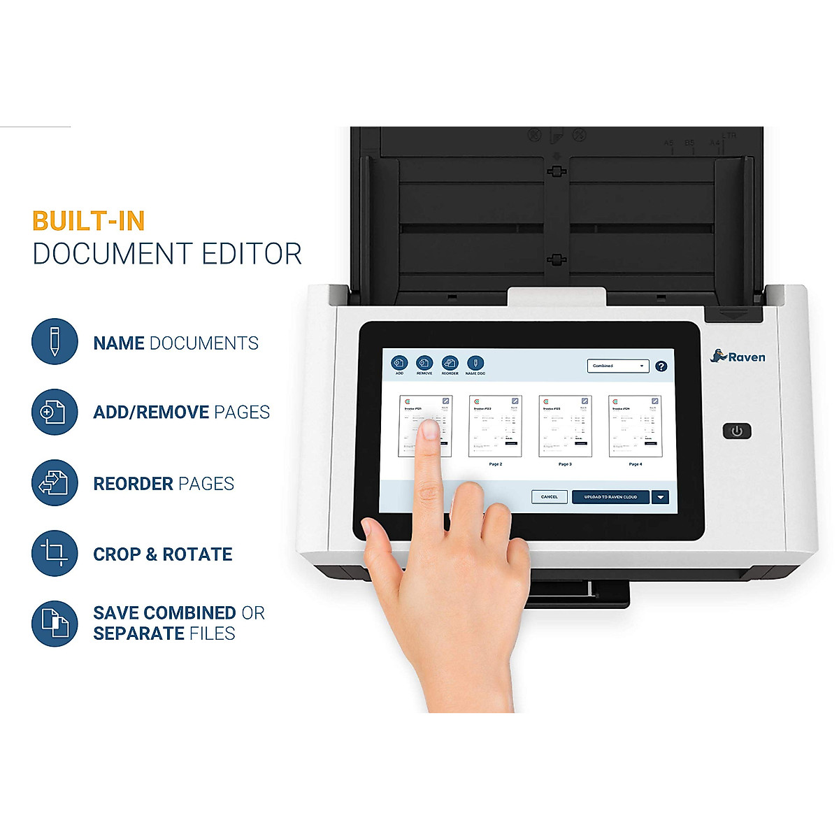 Raven Pro Document Scanner - Huge Touchscreen, High Speed Color Duplex Feeder (ADF), Wireless Scan to Cloud, WiFi, Ethernet, USB, Home or Office Desktop