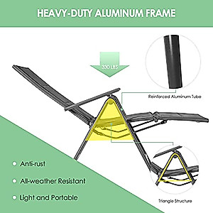 Tangkula Outdoor Reclining Lounge Chair, Patio Padded Folding Chair W/7 Adjustable Positions, Sturdy Aluminum Frame, Portable Chaise Lounge Chair W/High Backrest, Ideal for Indoor & Outdoor (1, Grey)