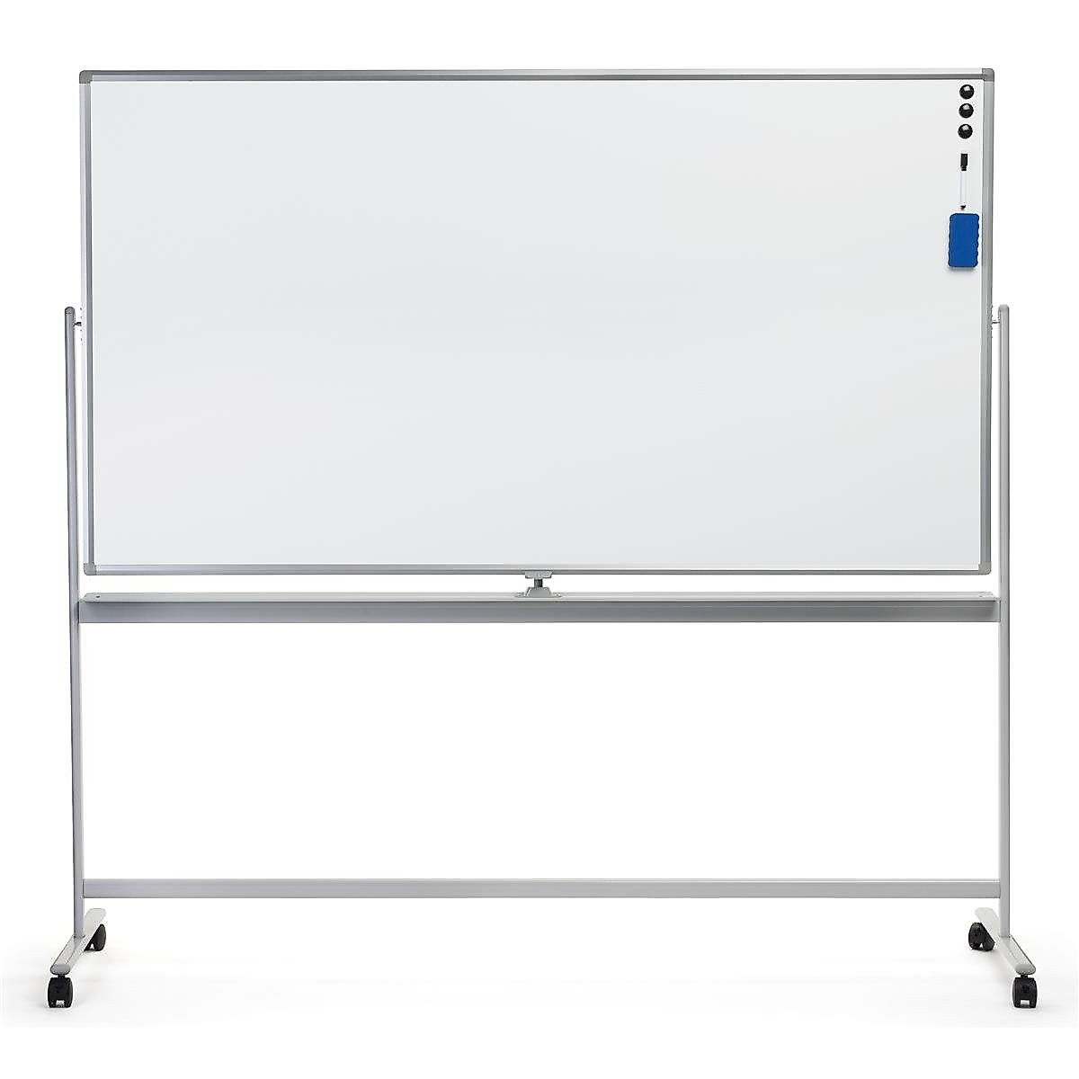 Displays2go 72 x 40 Double-Sided Magnetic White Board with Wheels - Silver (WHBMOB7240)