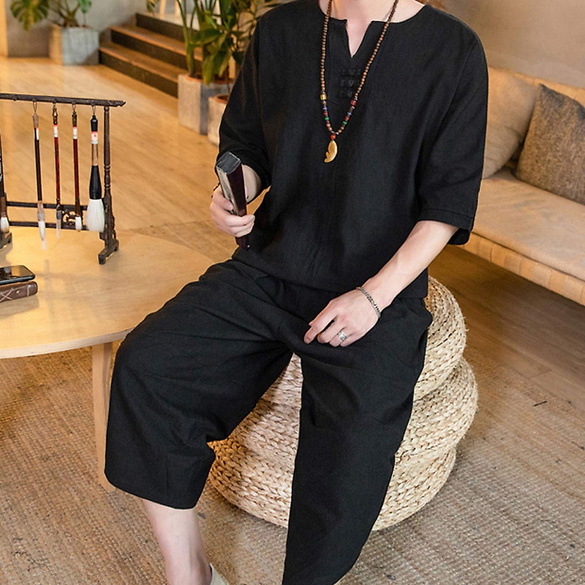 Mens 2 Pieces Big and Tall Summer Cotton Linen Set Short Sleeve Henley Shirt and Casual 3/4 Shorts Yoga Outfits with Pockets Black