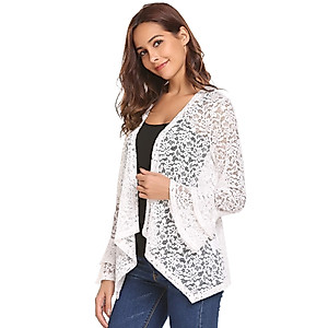 Deawell Womens Ruffle Sleeve Lace Cardigans Ladies Sheer See Through Cover Up Jacket (White, M)