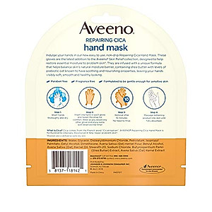 Aveeno Repairing CICA Hand Mask with Prebiotic Oat and Shea Butter for Extra Dry Skin, Paraben and Fragrance Free, 1 Pair of Single Use Gloves