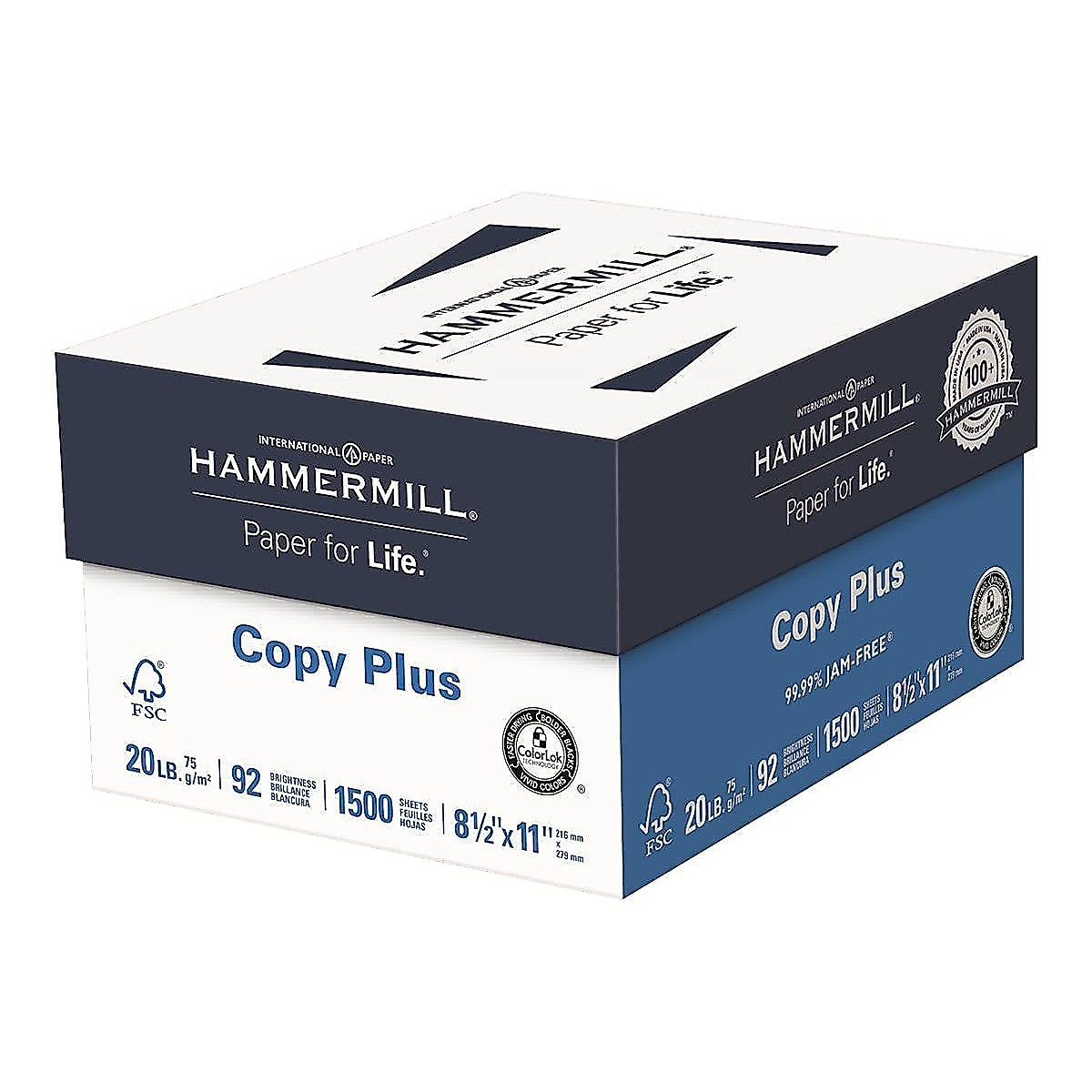 Hammermill 3-Ream Pack Copy Plus Multipurpose Fax Laser Inkjet Printer Paper, 8 1/2" x 11" Letter Size, 92 Bright White, 20 lb. Acid Free, ColorLok, 99.99% Jam Free