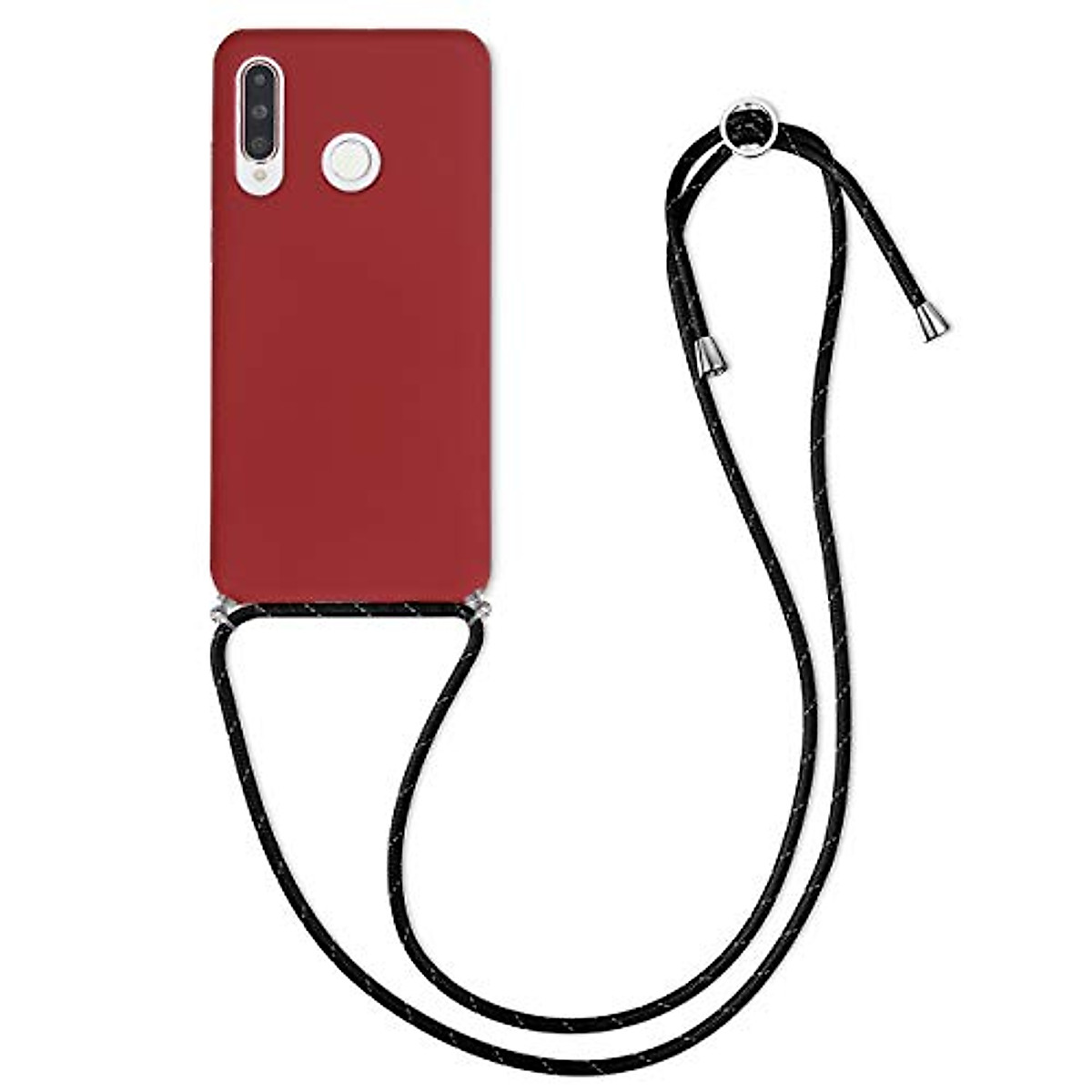 kwmobile Crossbody Case Compatible with Huawei P30 Lite - TPU with Silicone Coating Cover with Neck Cord Lanyard Strap - Dark Red/Black