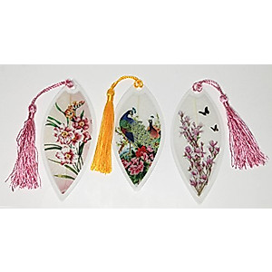 Lucore Home Leaf Bookmarks - Peacocks and Pink Flowers Asian Painting Lucky Charm, Ornament, Hanging & Wall Decor, Art Decoration - 3 Pcs, Made of Real Leaves