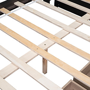 Full Size Platform Bed with L-Shaped Storage Shelfs and Bookcases, Pine Wood Day Bed with 2 Storage Drawers for Boys Girls Teens Adults/Living Room/Bedroom (Espresso)