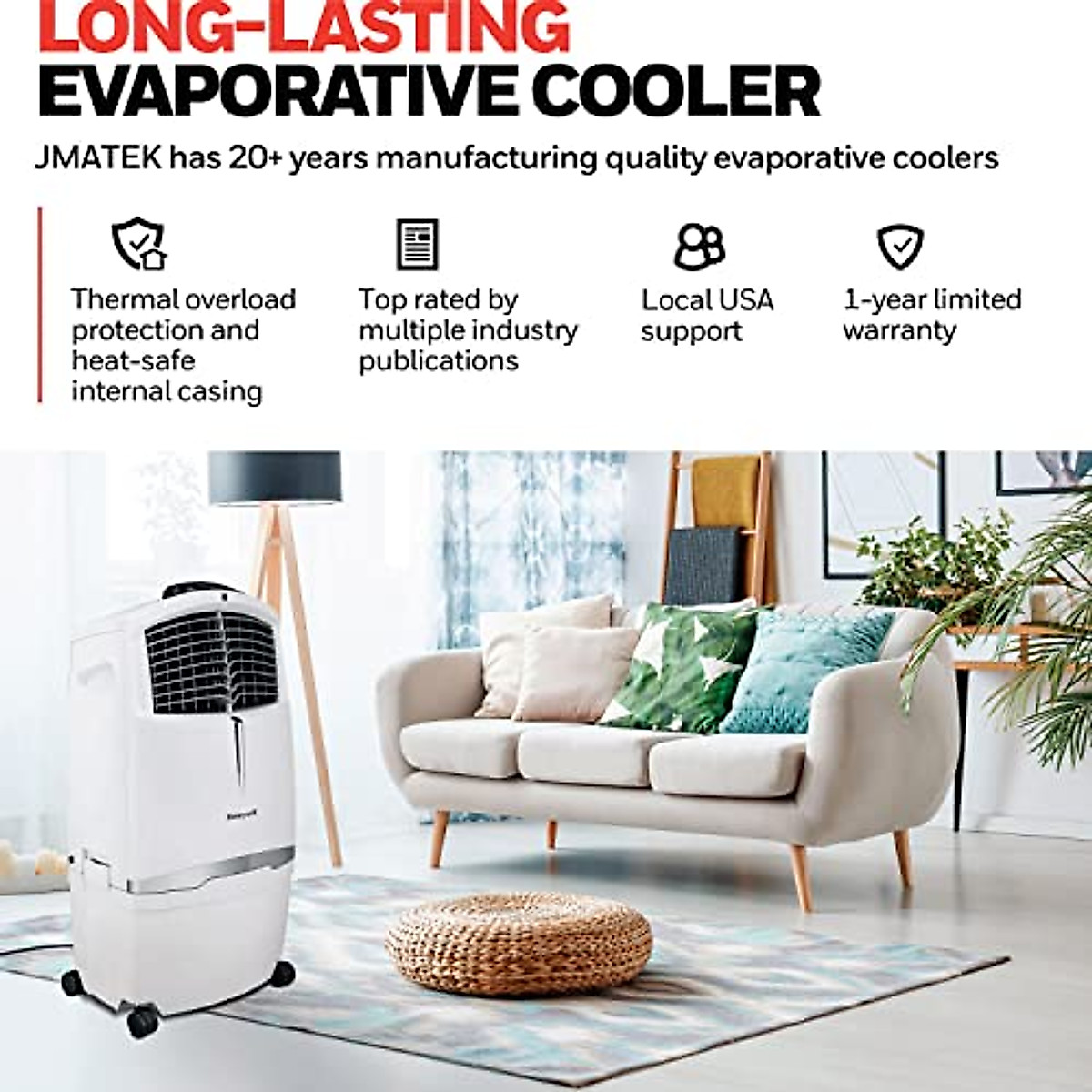 Honeywell 525 CFM Indoor Portable Evaporative Air Cooler, Fan & Humidifier with Ice Compartment & Remote, White