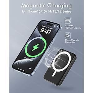 podoru for Magsafe Battery Pack, 5000mAh Magnetic Power Bank with Type-C Cable 20W PD Fast Charging Lighting Input Wireless Portable Charger for iPhone 16/15/14/13/12/ All Series-Black
