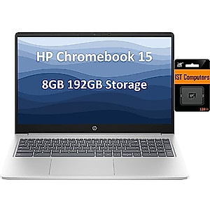 HP Chromebook 15 (15.6'' HD 2023 Intel Processor N200 (Beat i3-10110U), DDR5 8GB RAM, 192GB Storage (64GB eMMc + 128GB SD Card), Webcam, Numeric Keyboard), IST Card, Chrome OS, Silver
