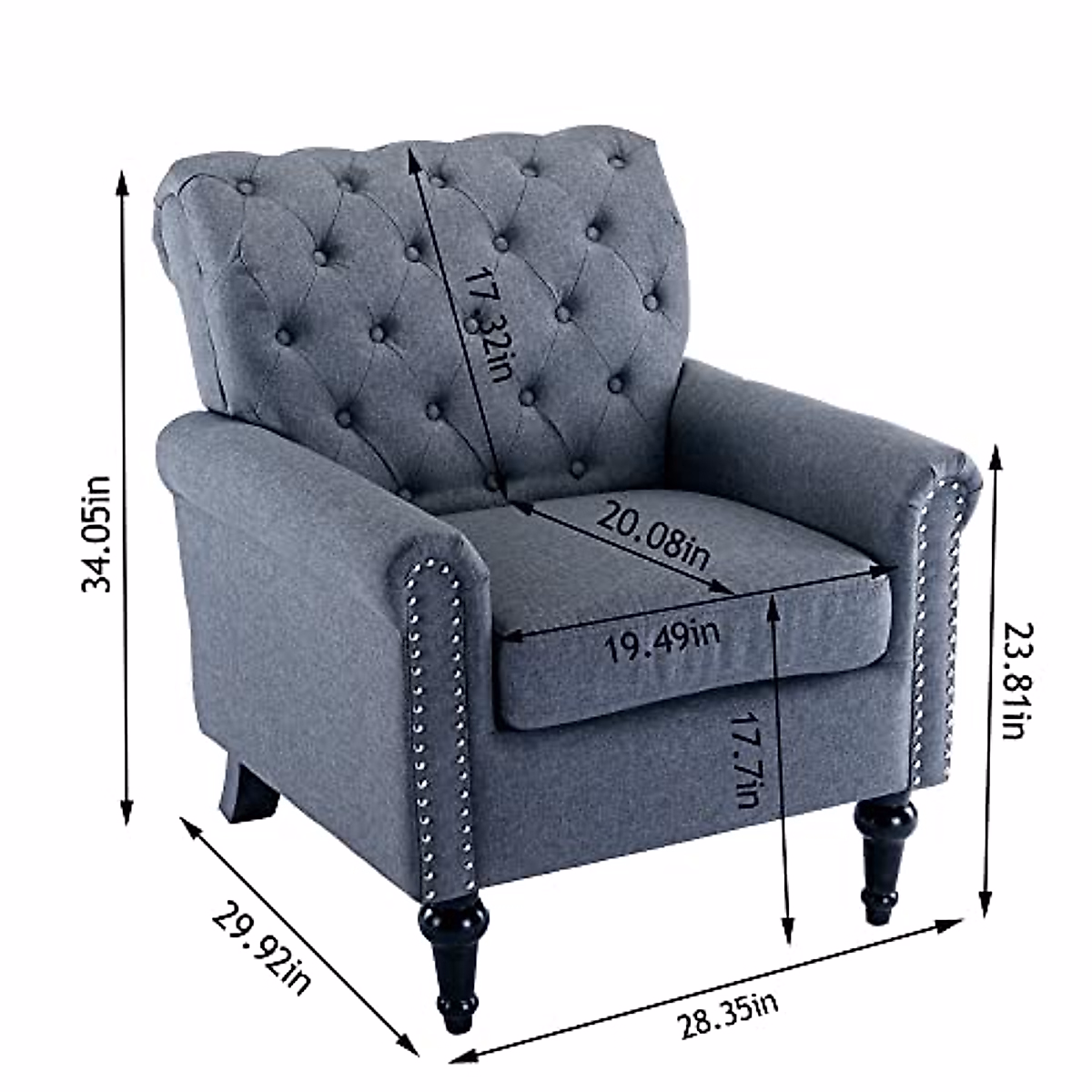 YISH W117081980 Modern Linen Accent Tufted Arm Chair with Thick Cushion and Wood Frame, Comfy Single Sofa with Armrest Backrest for Reading Bedroom Office Club, Dark Gray