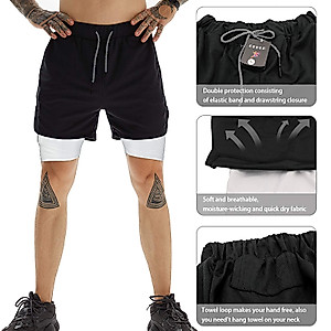OEBLD Mens Athletic Shorts 2-in-1 Gym Workout Running 7'' Shorts with Towel Loop Black