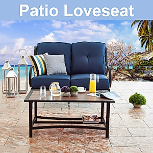 PatioFestival Patio Bench Sofa Outdoor Loveseat Conversation Set with Thick Cushion & Coffee Table Metal Frame Furniture for Deck Garden Poolside Balcony Beach(2 Seats, Blue)