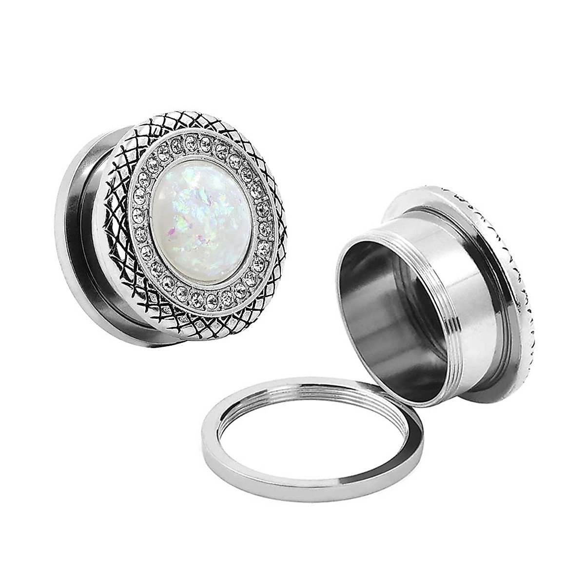 Qmcandy 2pcs 00g Stainless Steel White Opal Screw Ear Plugs Gauges Piercing