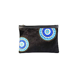 KarensLine Handmade Evil Eye Embroidered Black Velvet Clutch Bag Sunny Beach Summer Style, Medium