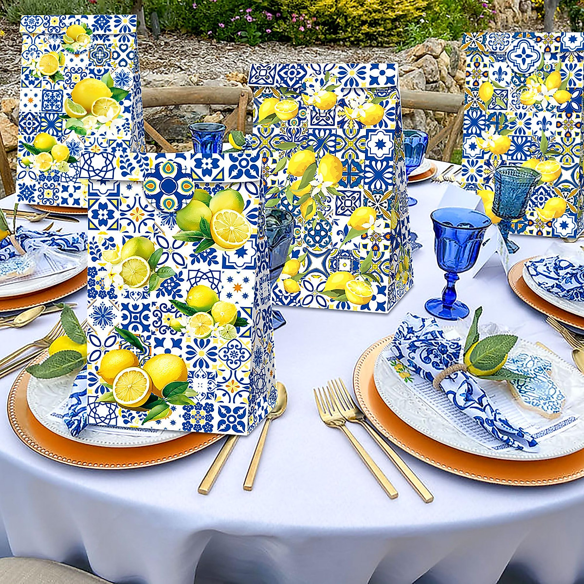 JeVenis 12 PCS Capri Lemon Party Favor Bags Capri Lemon Party Decorations Blue Tiles and Lemon Party Supplies for Capri Lemon Birthday Wedding Bridal Shower