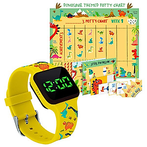 ATHENA FUTURES Potty Training Count Down Timer Watch with Lights and Music - Rechargeable, Dinosaur Yellow Band and Potty Training Chart for Toddlers - Sticker Chart, 4 Week Reward Chart