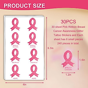 30 Sheets/240 Pcs Breast Cancer Awareness Tattoos Stickers- Pink Ribbon Temporary Tattoos- Waterproof Breast Cancer Glitter Fake Tattoos for Women Girls Fundraising Event Party Face Body Tattoos