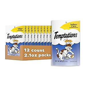 Temptations Indoor Care Crunchy and Soft Cat Treats, Chicken Flavor, 2.1 oz. Pouch (Pack of 12)