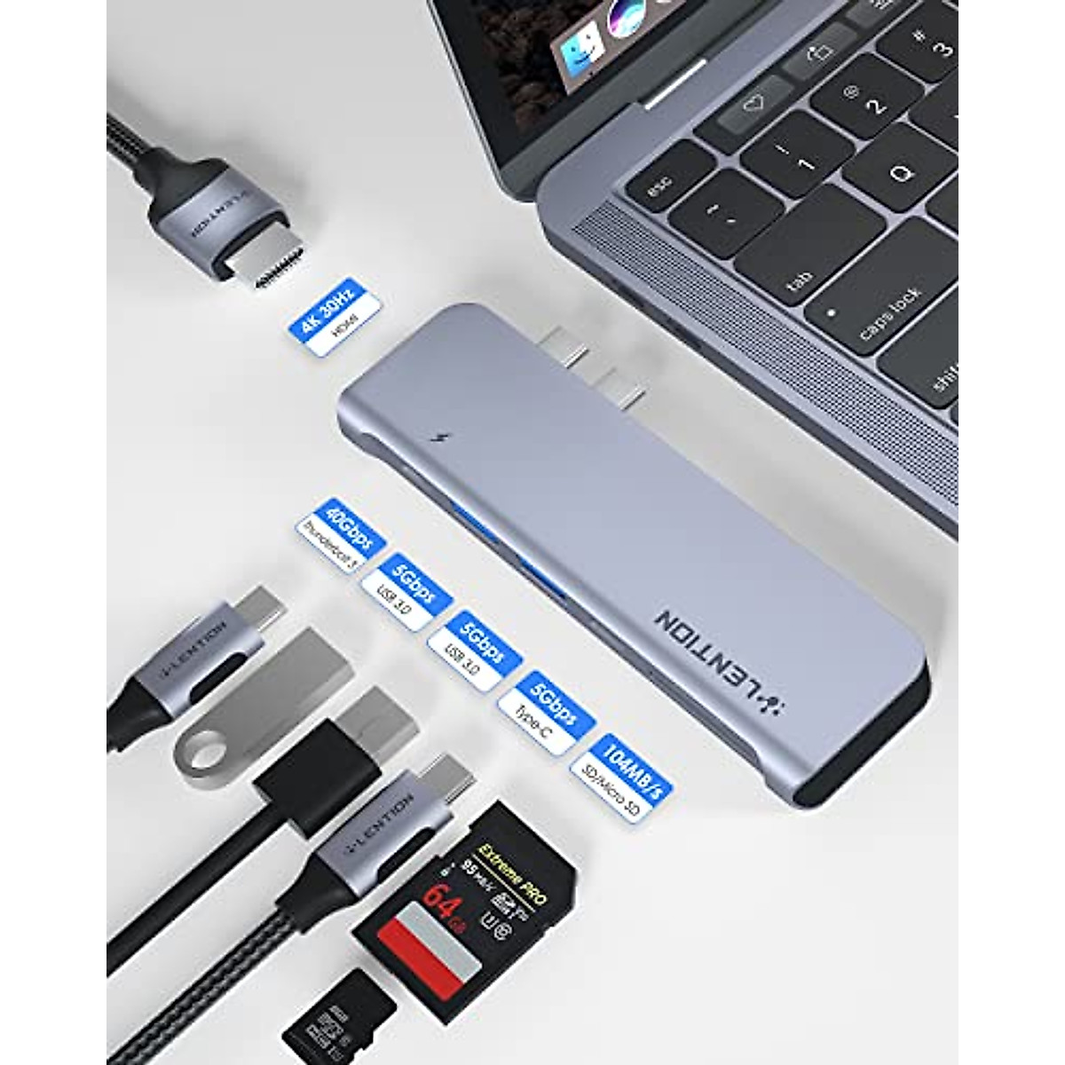 LENTION USB C Hub with 100W PD + 40Gbps USB C Port, 4K HDMI, 2 USB 3.0 and SD/Micro SD Card Reader Compatible 2022-2016 MacBook Pro 13/15/16, New Mac Air, Stable Driver Adapter (CB-CS64, Space Gray)